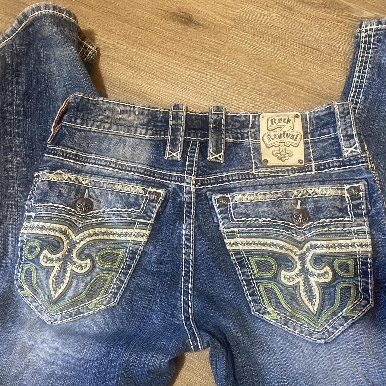 Low rise straight ripped rock revival jeans with... - Depop