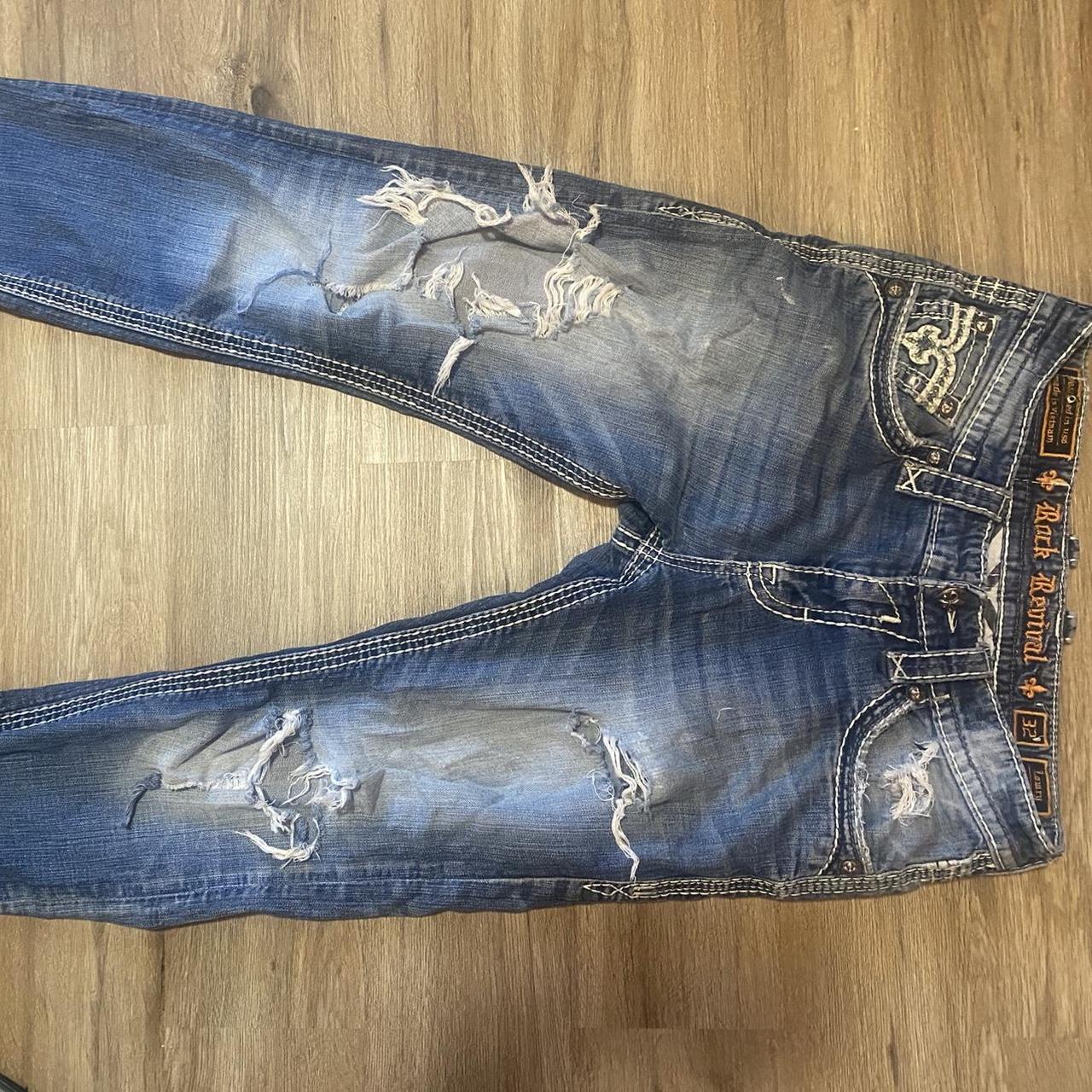 Low rise straight ripped rock revival jeans with... - Depop