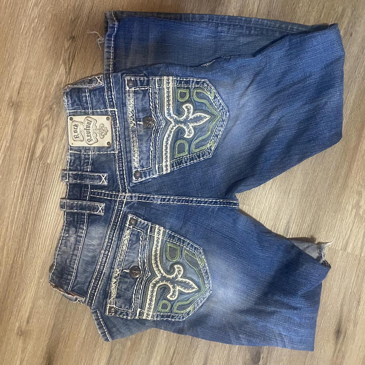 Low rise straight ripped rock revival jeans with... - Depop