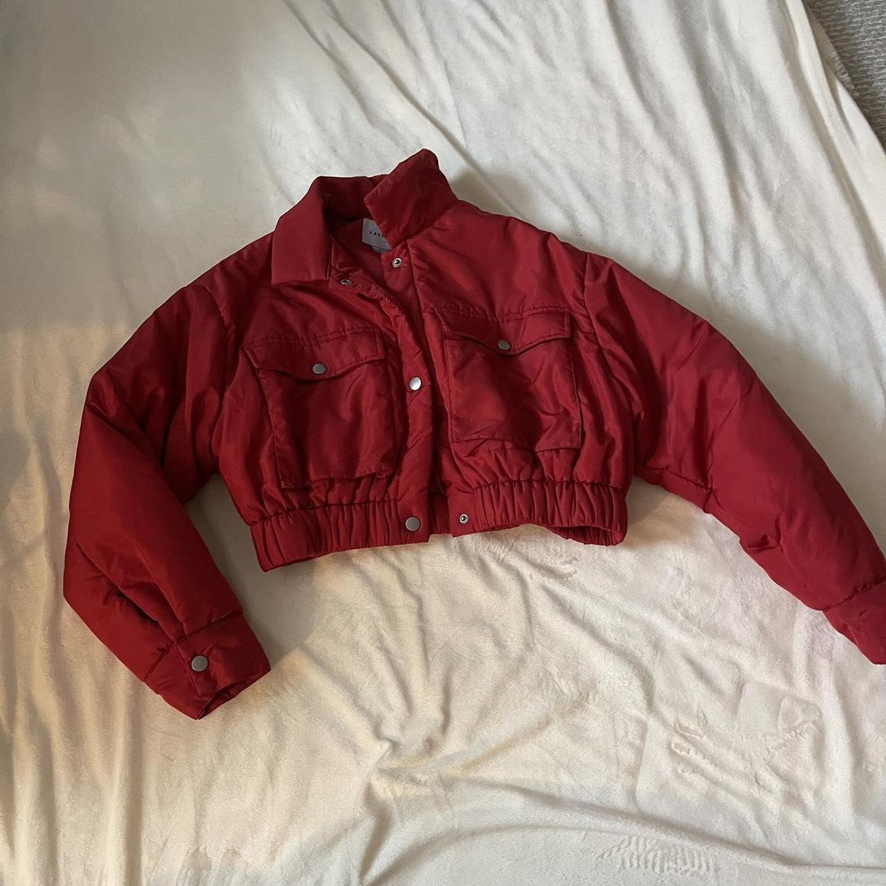 Red cropped puffer bomber jacket Favlux size... - Depop