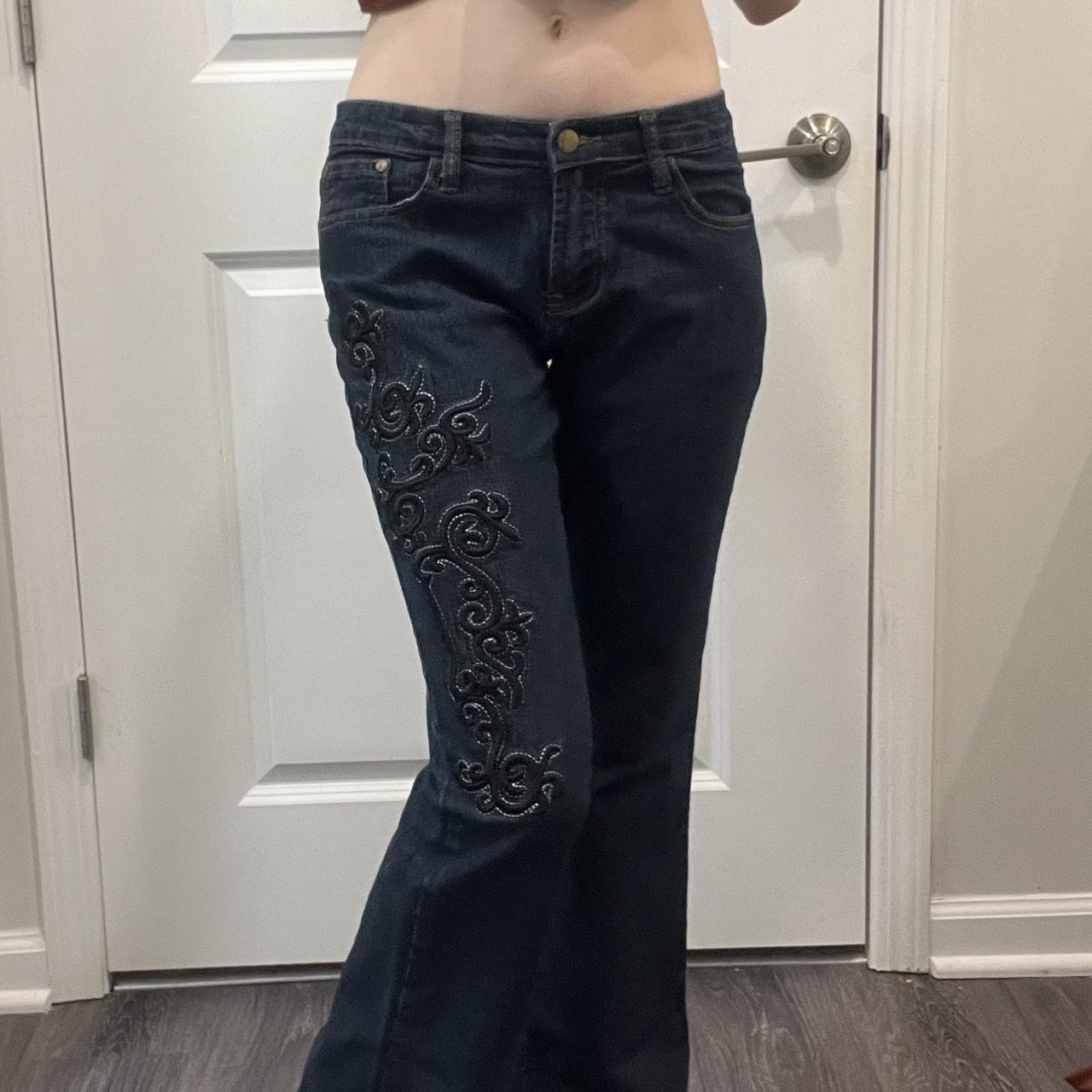 embroidered, low rise, boot cut, dark wash jeans!... - Depop