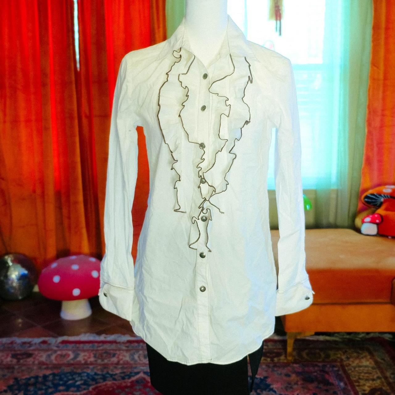 White & Grey Ruffle Western Blouse Size:... - Depop