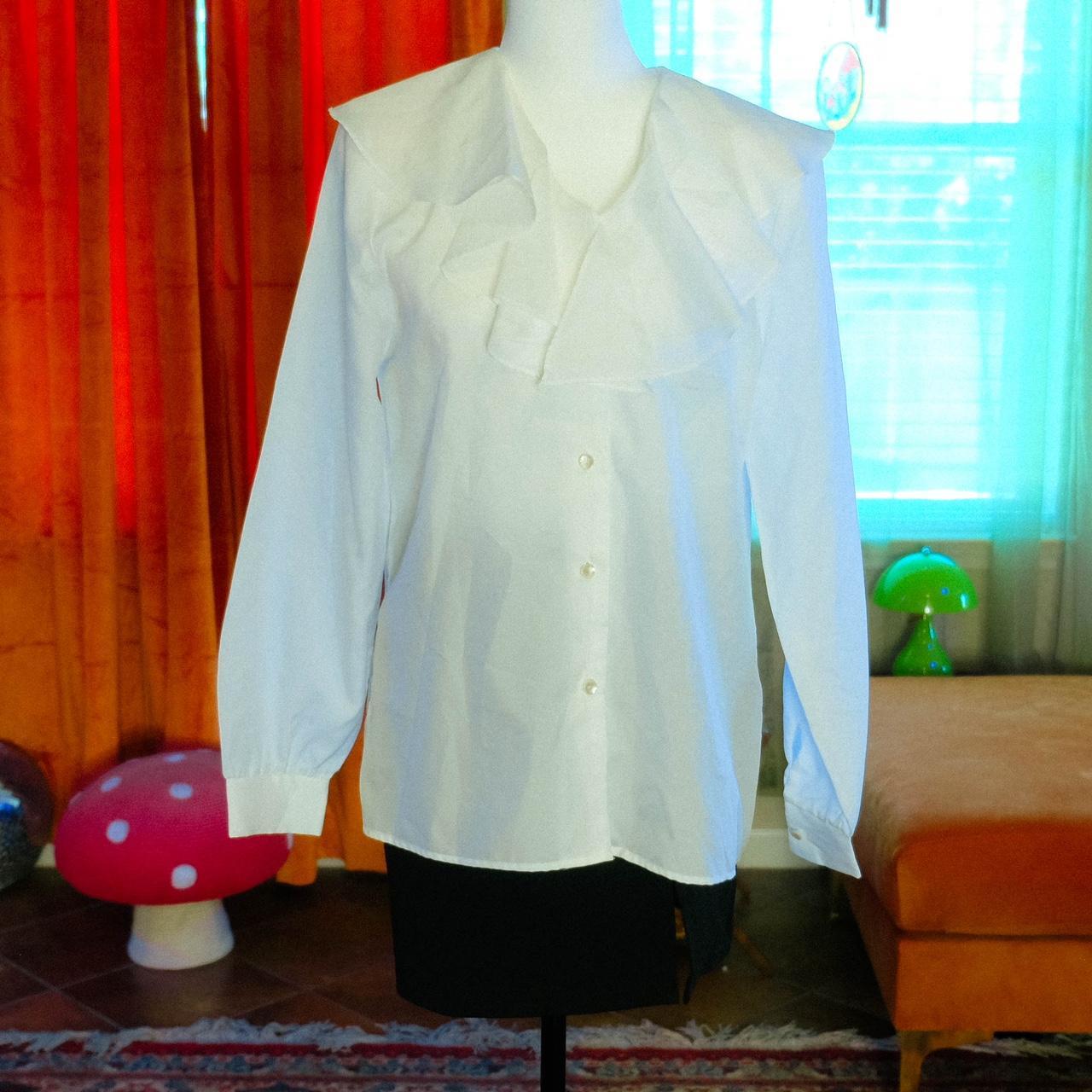 Vintage 1970s White Ruffle Neck Blouse Size:... - Depop