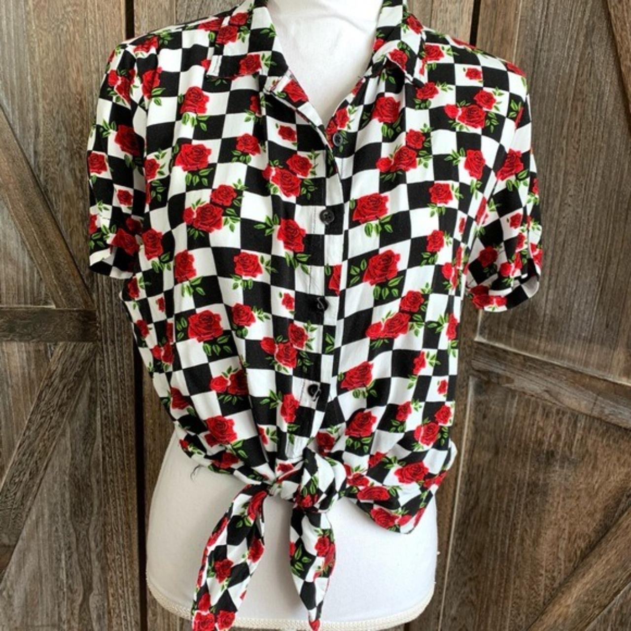 Funky roses on a black and white checkered rayon... - Depop