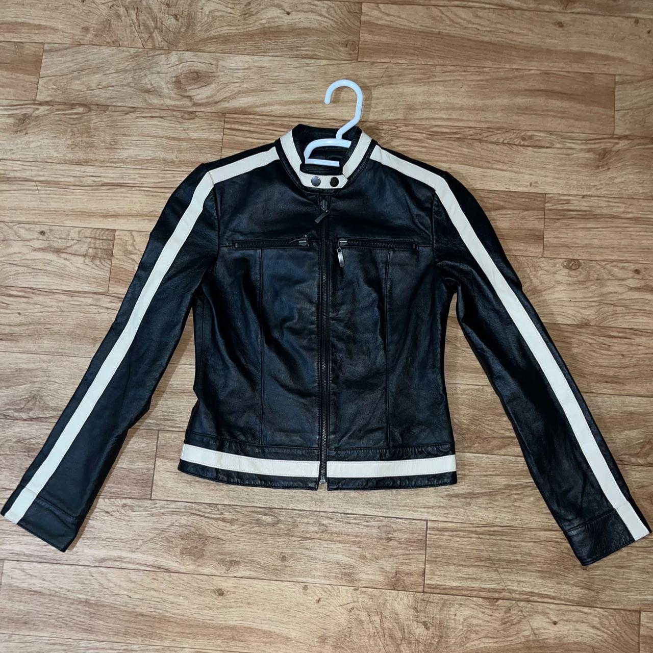 White Striped Leather Jacket Size S - Depop