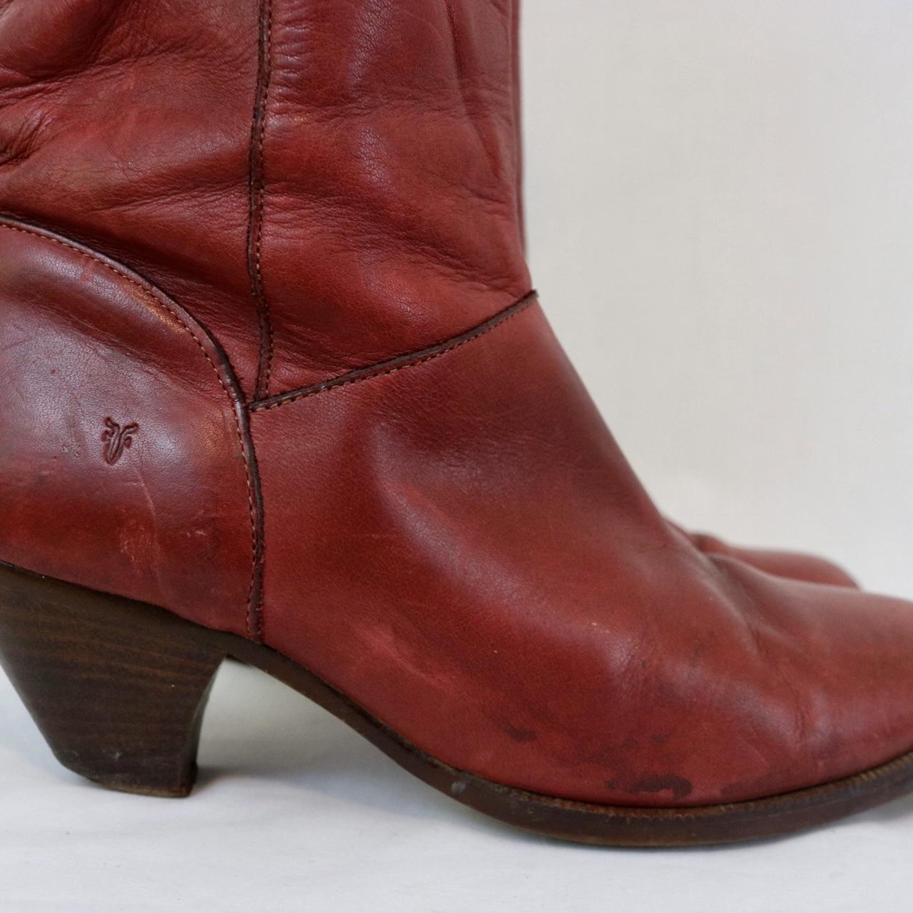 VINTAGE 90s FRYE RED KNEE HIGH LEATHER BOOTS... - Depop