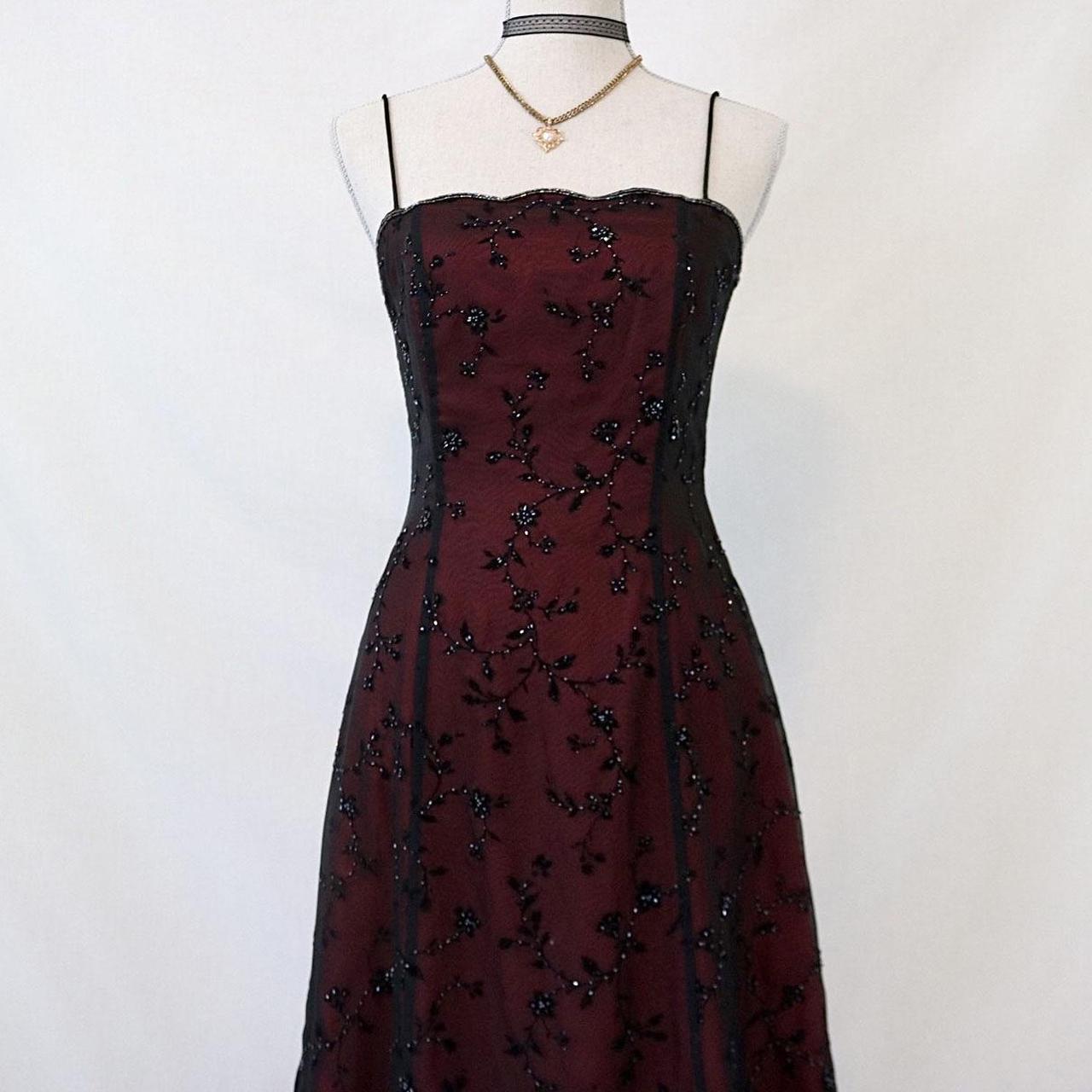 VINTAGE 90s RED FLORAL BEADED PROM DRESS... - Depop