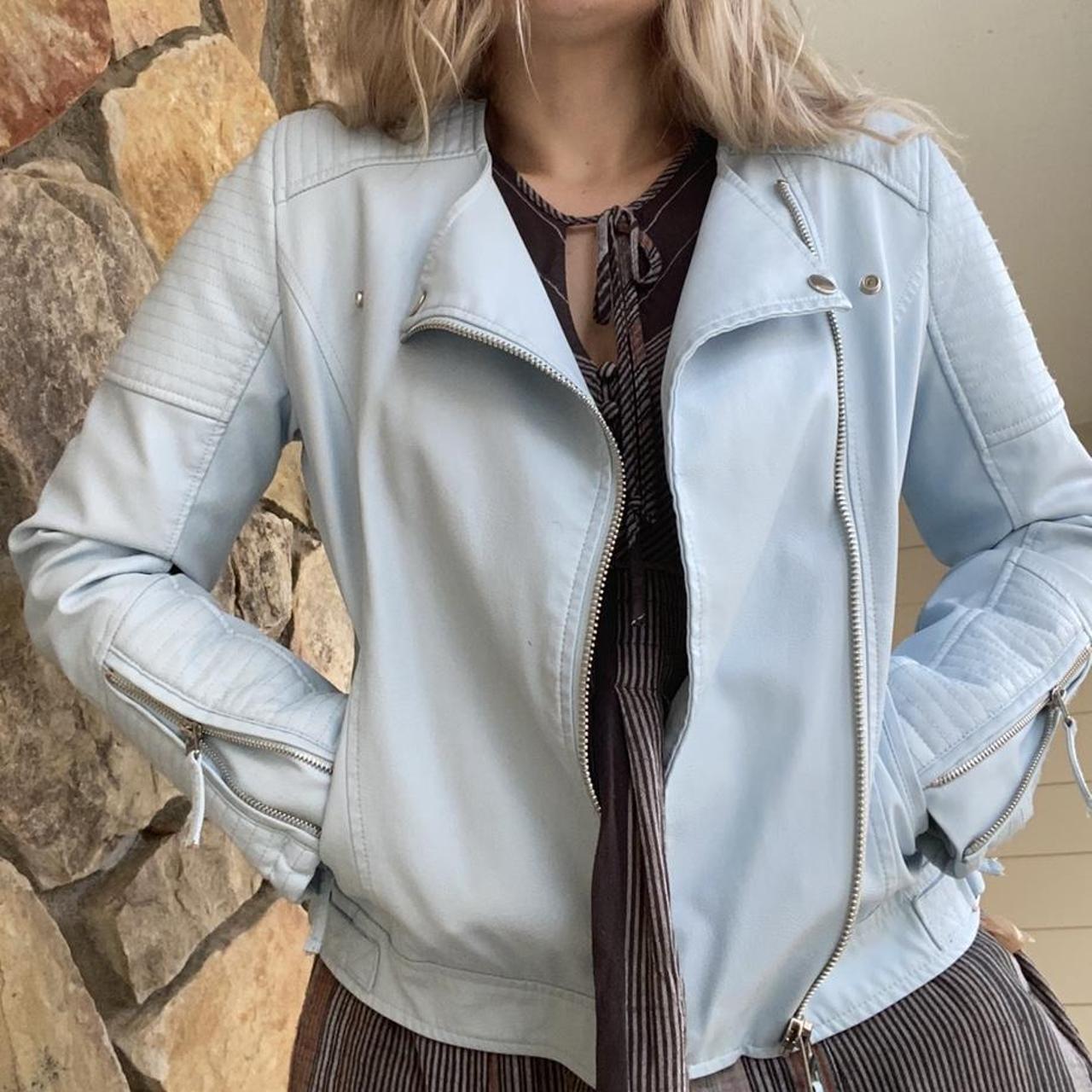 Philosophy Powder Blue Pleather Motorcycle Jacket.... - Depop