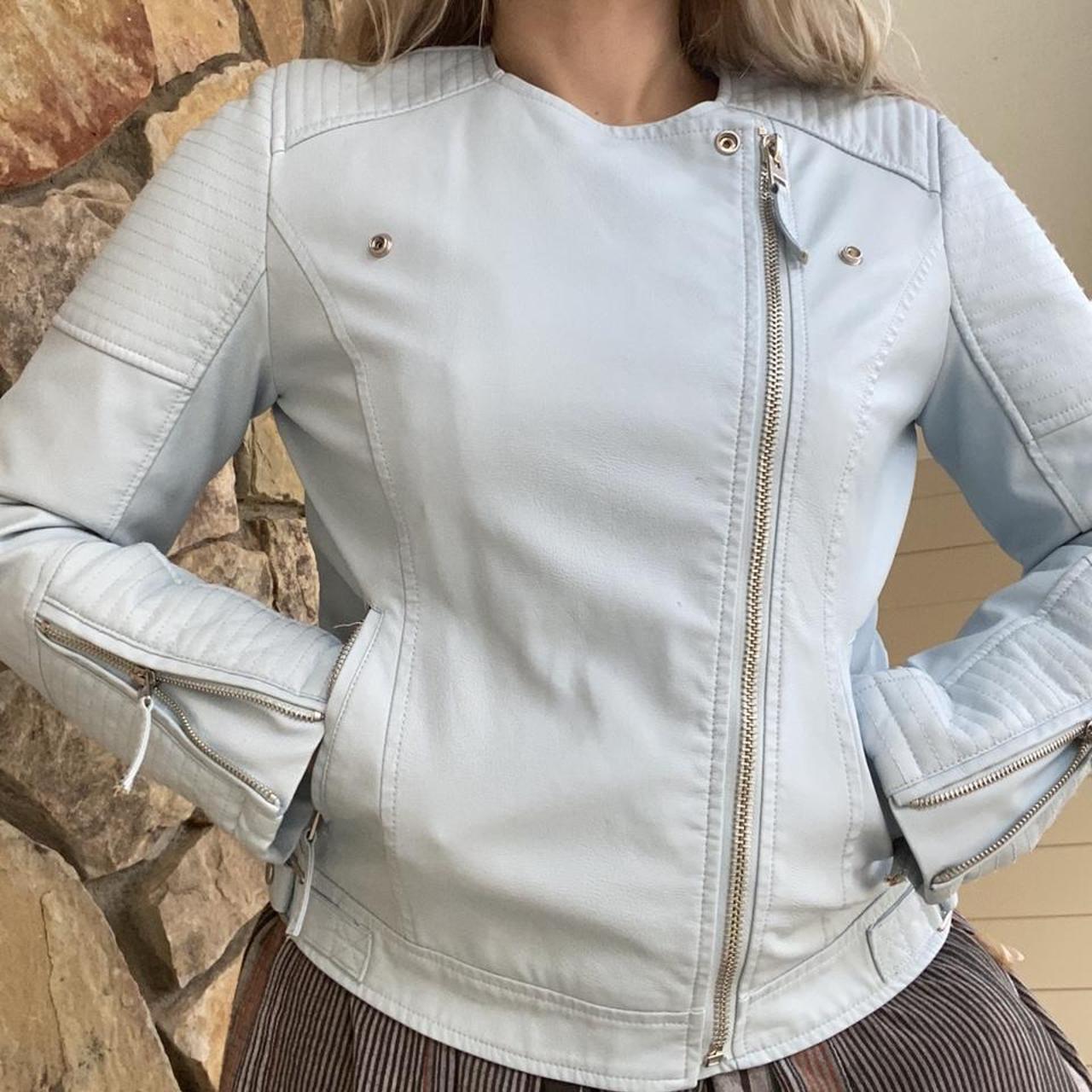 Philosophy Powder Blue Pleather Motorcycle Jacket.... - Depop