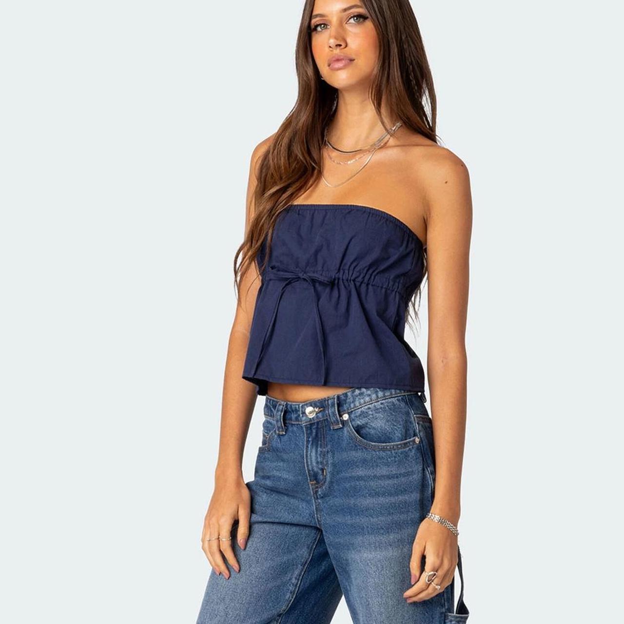 Edikted navy blue strapless top with center tie/bow.... - Depop
