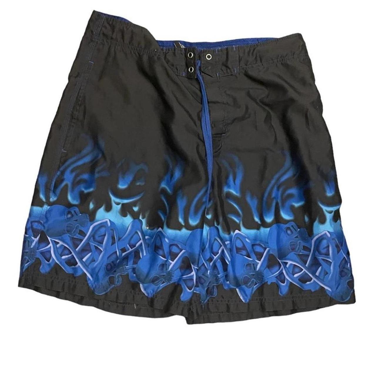 No boundaries Blue flames skull shorts Waist laid... - Depop