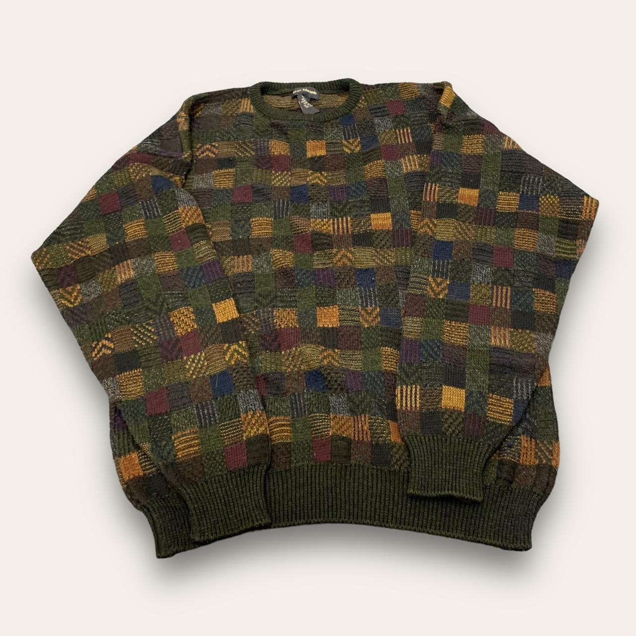 Vintage 90s Earthtone Geometric Knit Sweater Size... - Depop