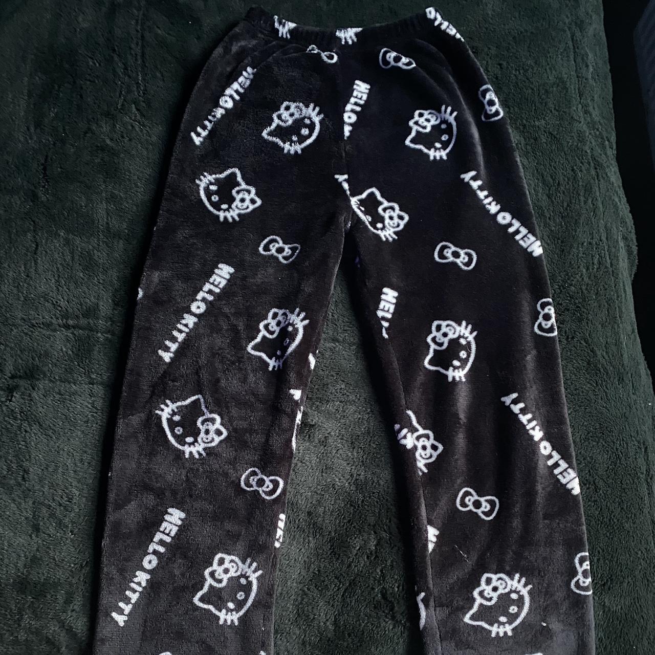Black and white fluffy hello kitty pj bottoms in... - Depop