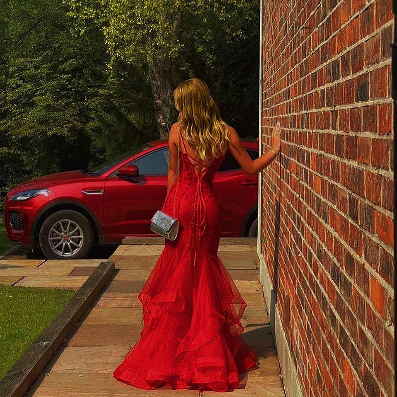 red lace fishtail prom dress / would fit size 4-8,... - Depop