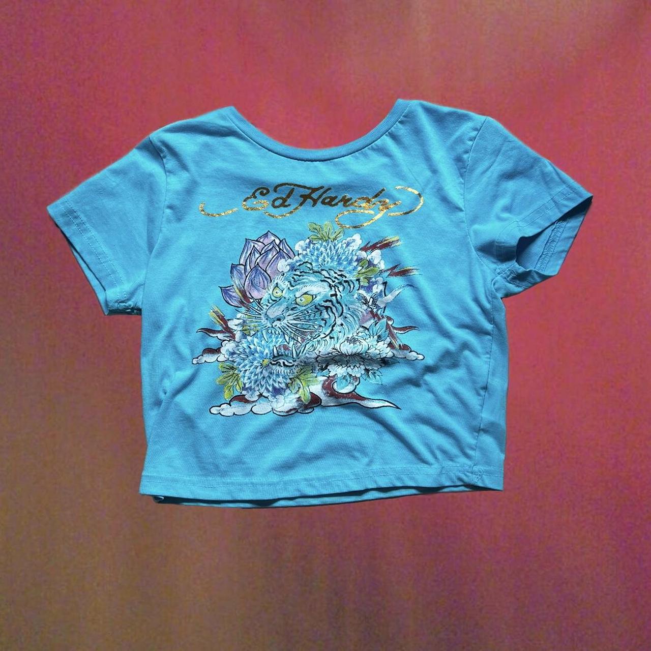Ed Hardy Women's Blue and Gold Shirt | Depop