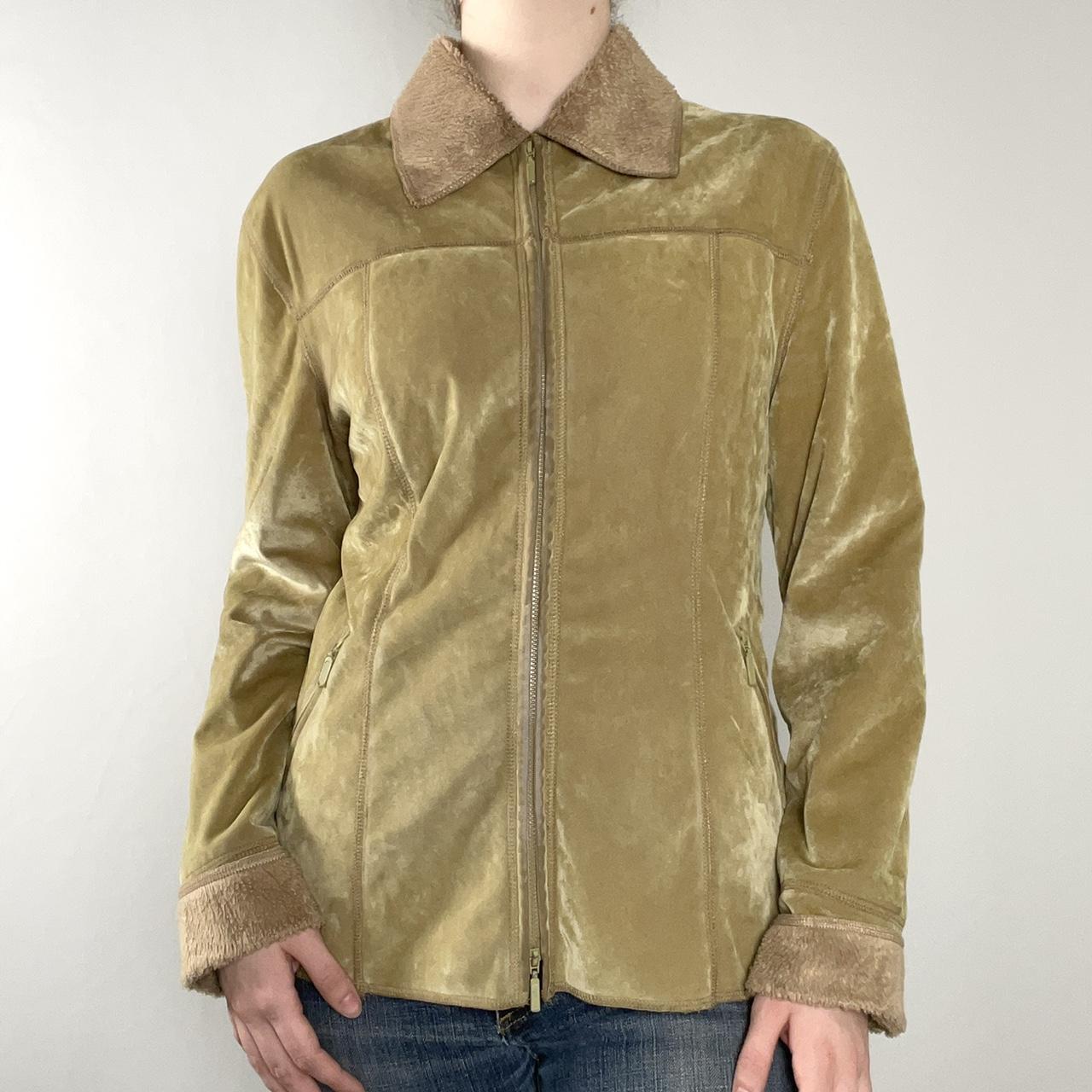 Y2k olive green velour and fleece jacket brand- moda... - Depop