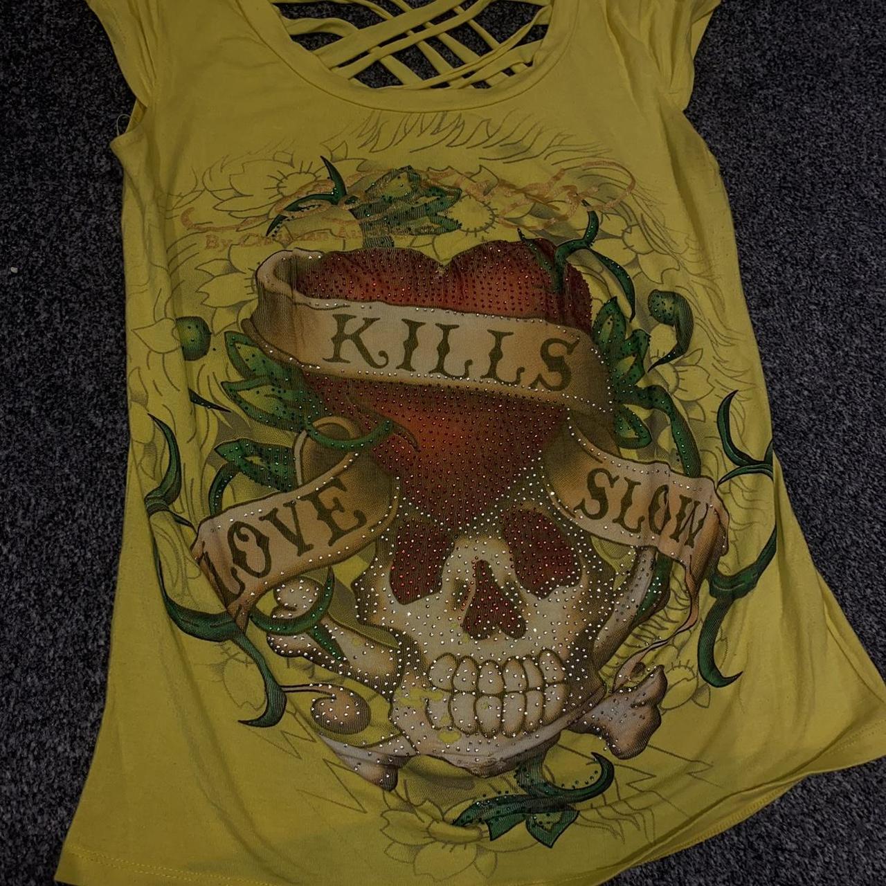 Ed Hardy yellow womens shirt. some holes in front... - Depop