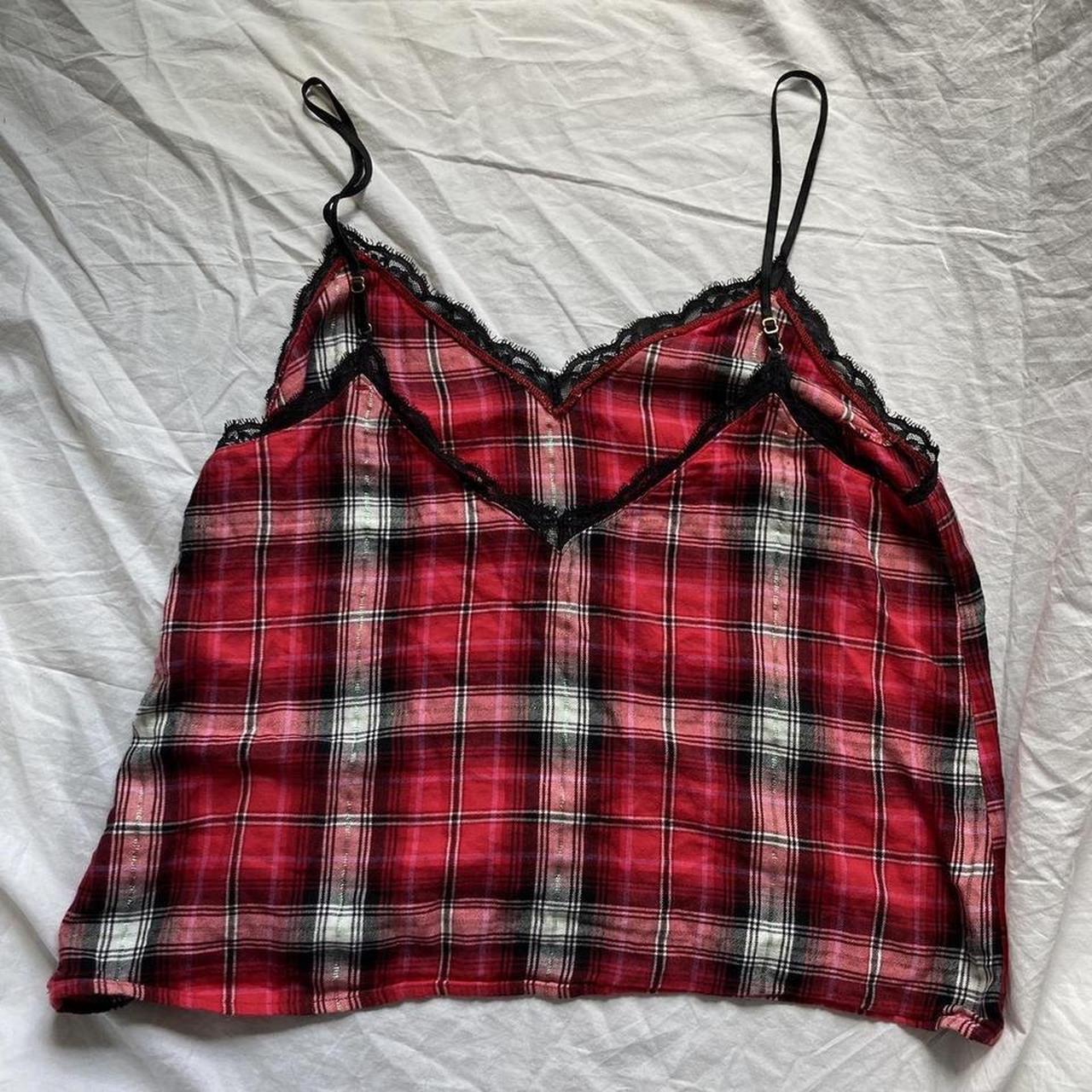 Victoria’s Secret Red Plaid Tank Top w/ Black Lace... - Depop