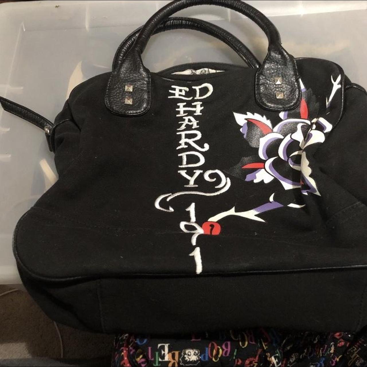 Vintage black Ed Hardy bag/purse, the inside has a... - Depop
