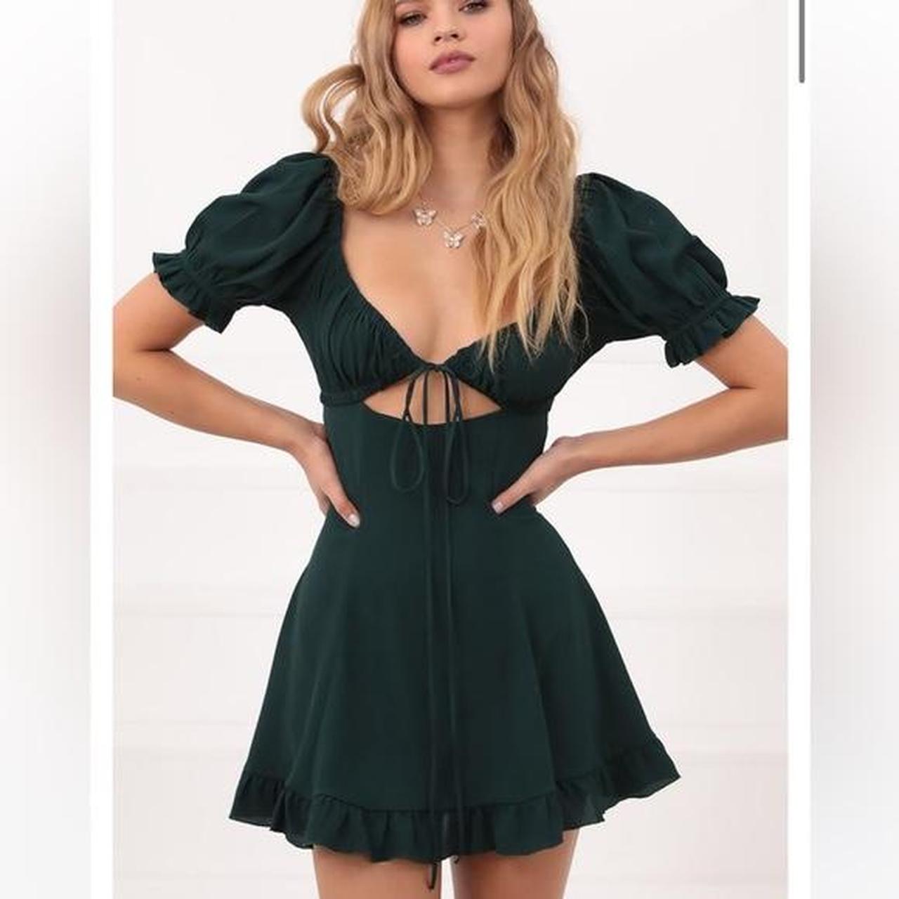 Lucyinthesky Isela Puff Sleeve Dress in Hunter Green... - Depop