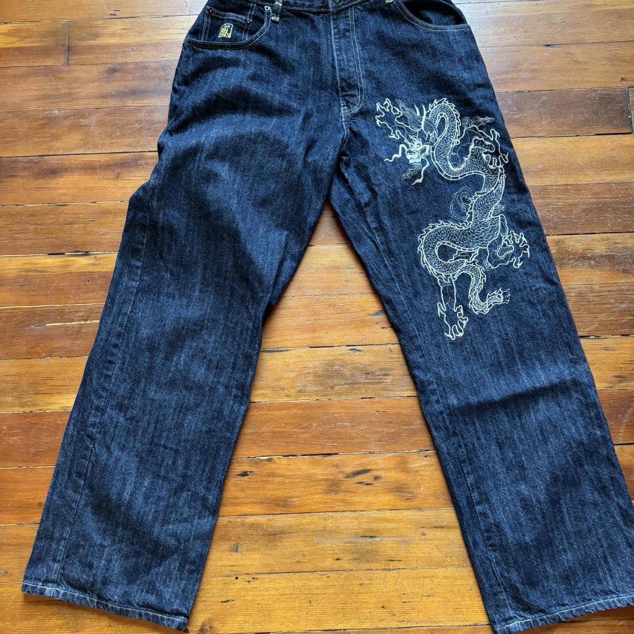 Men's steetwear baggy dragon design jeans size 34x32 - Depop