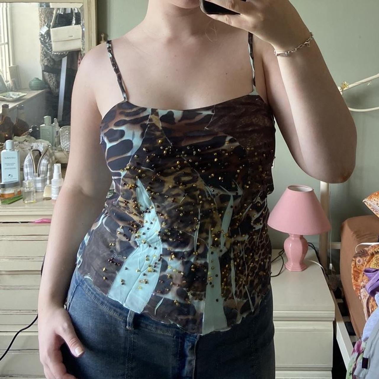 Vintage y2k blue leopard print beaded cami Y2k... - Depop