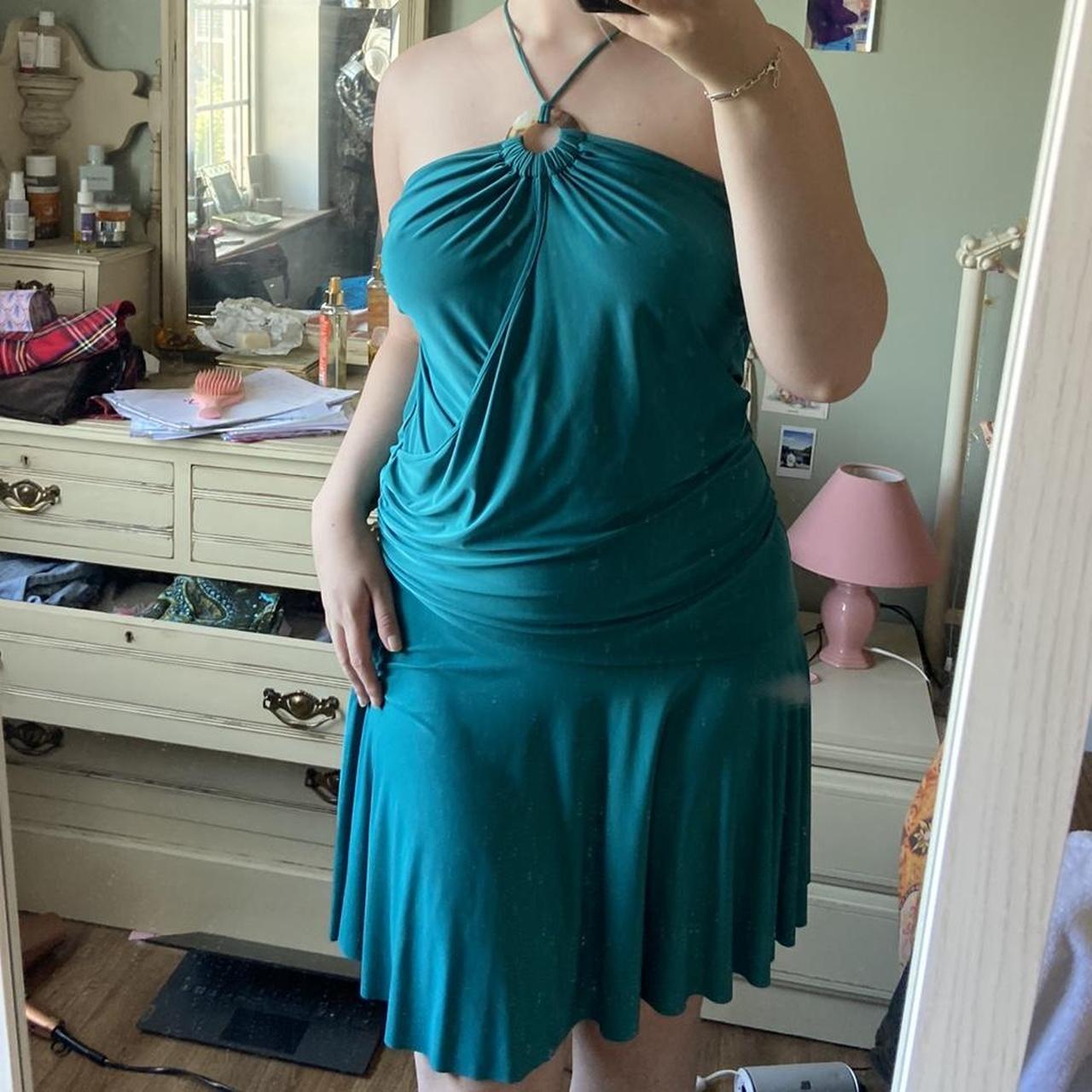 Y2k green halterneck slinky desk Y2k green dress... - Depop