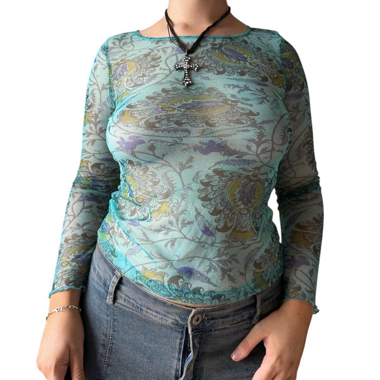 Y2k blue graphic paisley print mesh top Mesh long... - Depop