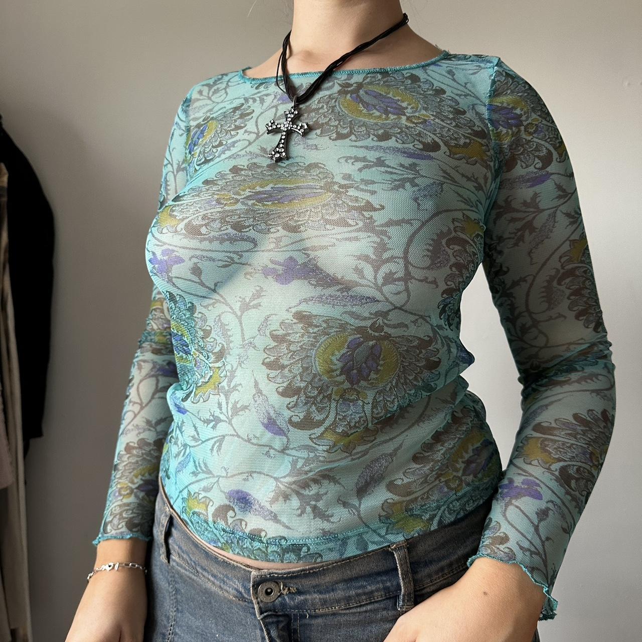 Y2k blue graphic paisley print mesh top Mesh long... - Depop