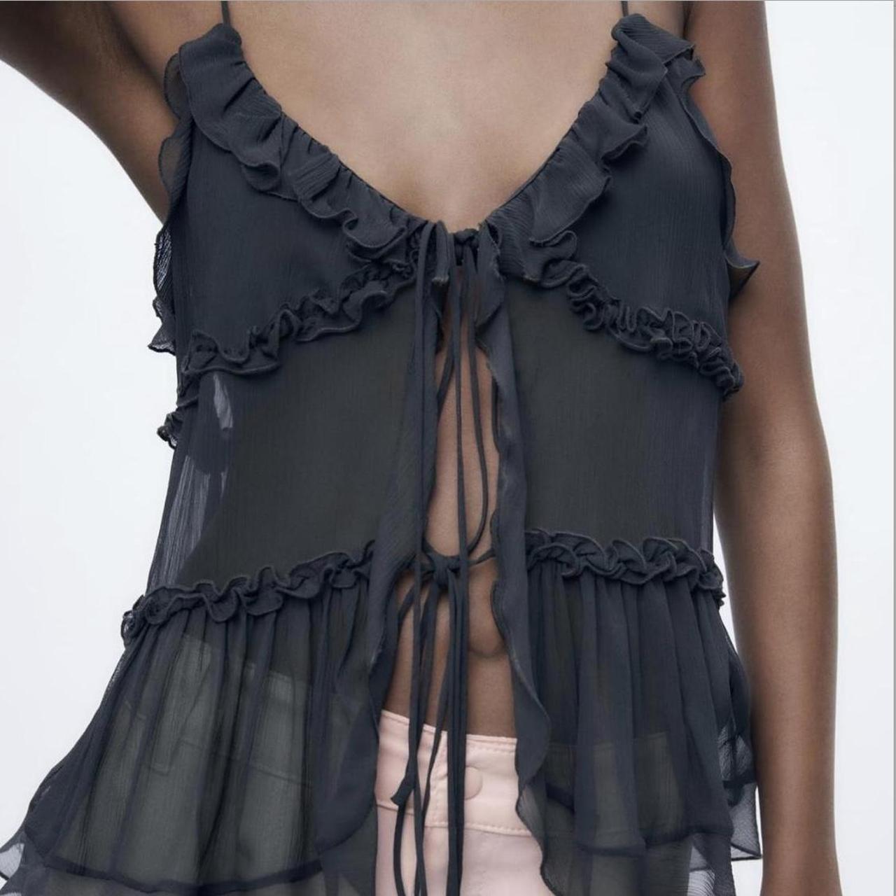 Zara semi sheer black top with ruffles worn once... - Depop