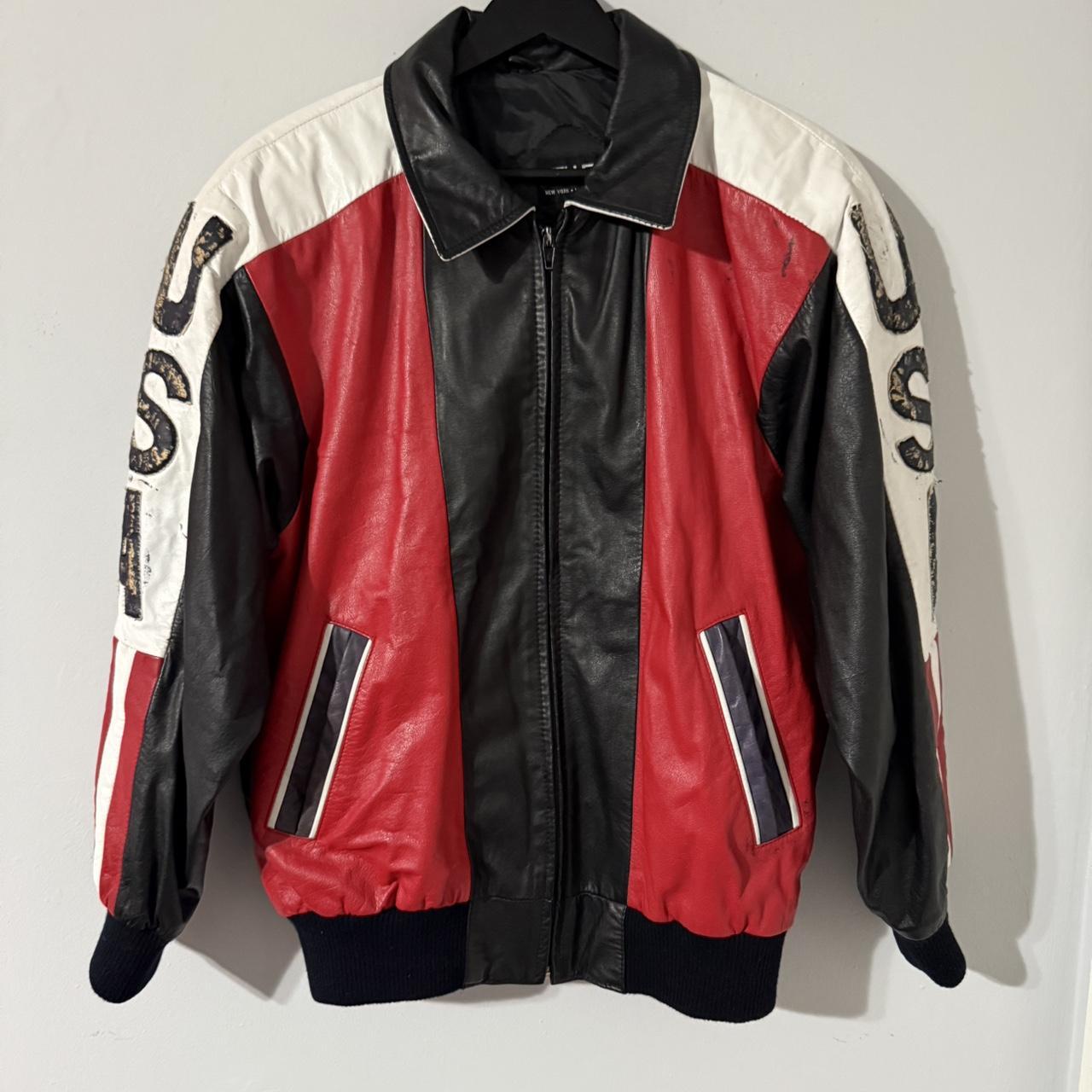 Vintage 90s Pelle Pelle Black and red leather bomber... - Depop