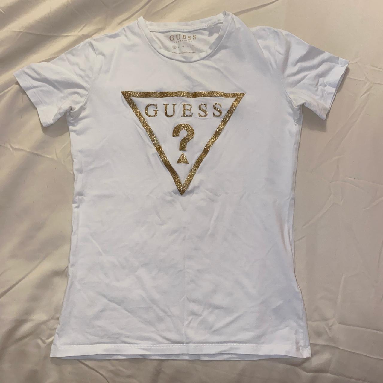 White and gold glitter guess t-shirt. Only worn a... - Depop