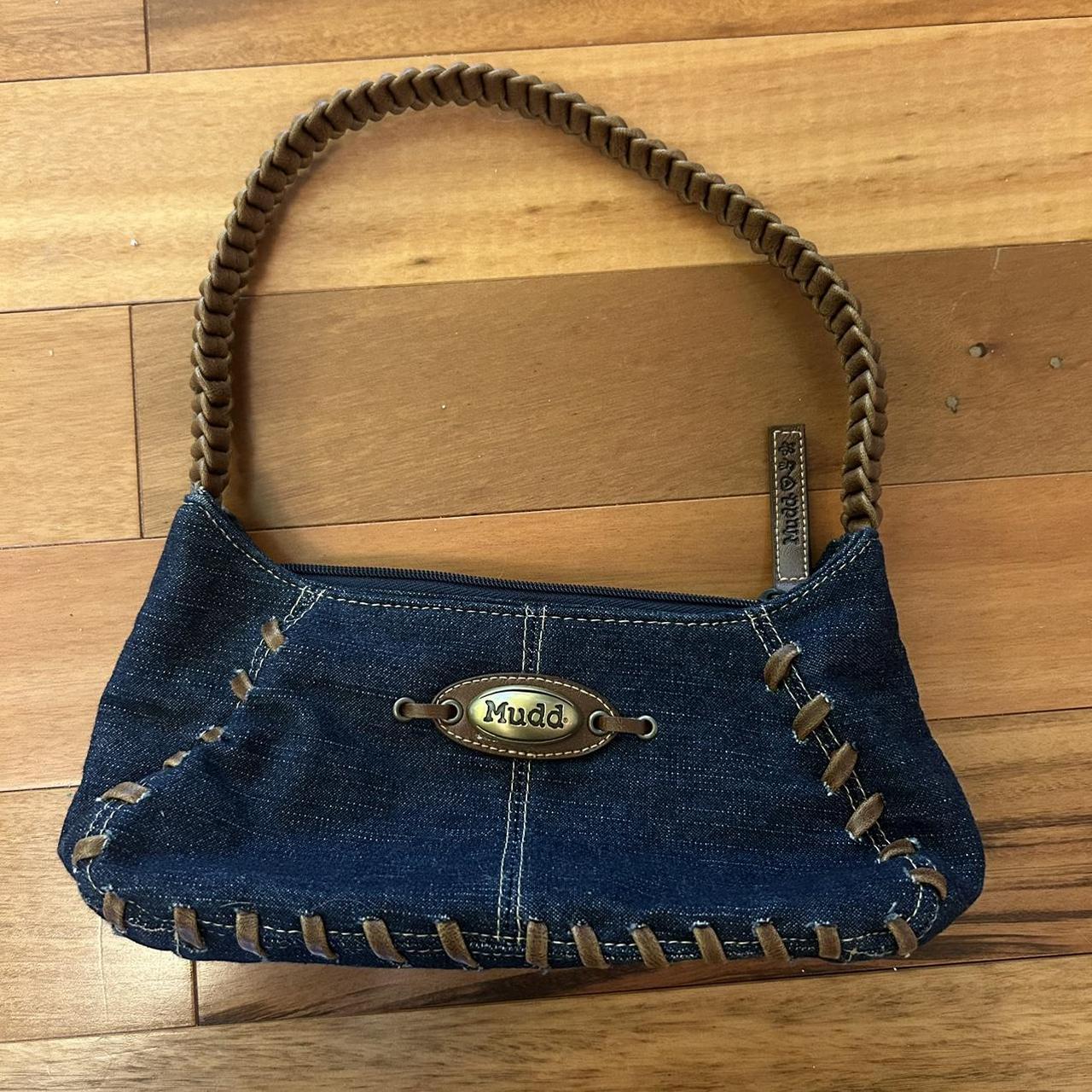 Mudd denim shoulder bag with braided strap and metal... | Depop