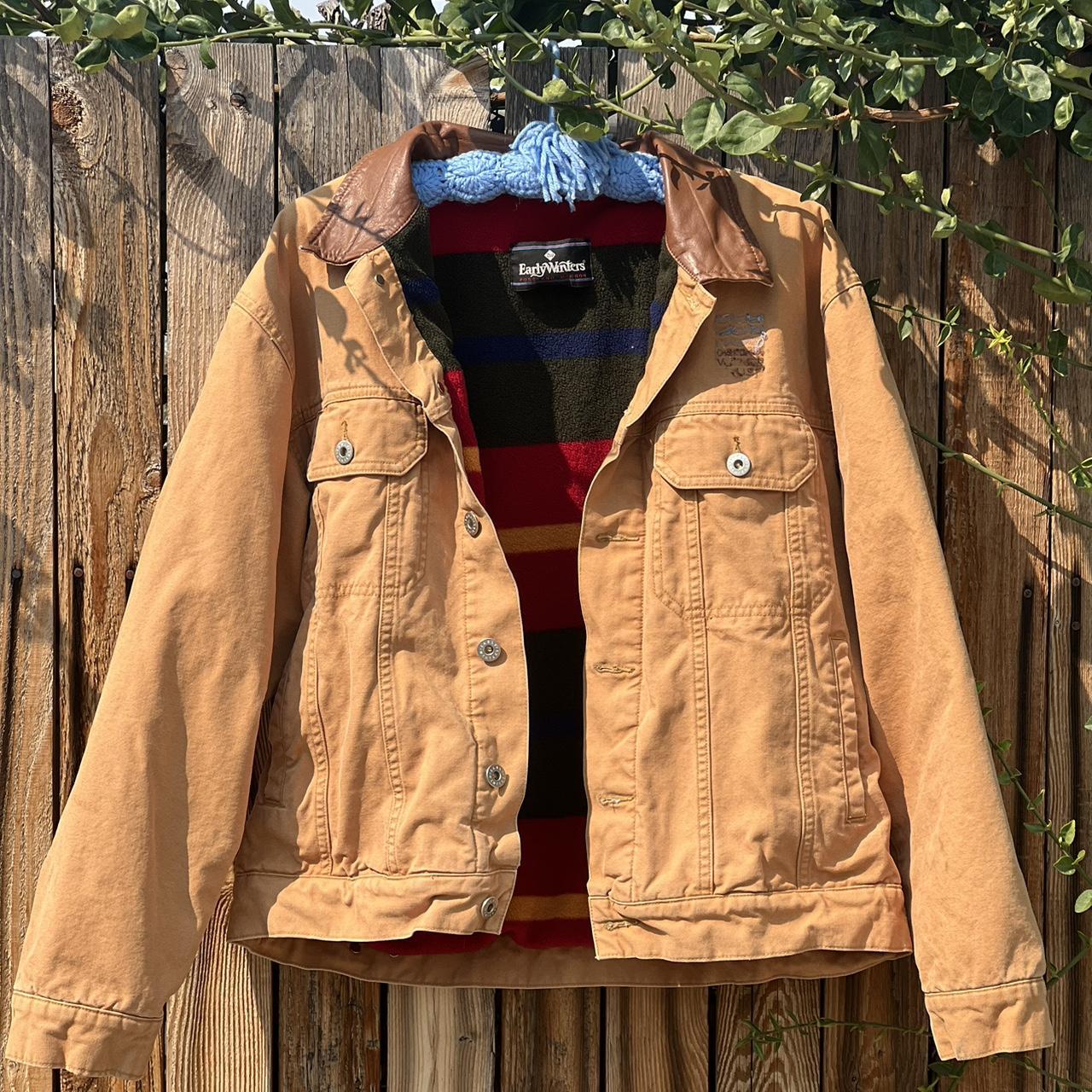 Tan and brown denim jacket with leather collar and... - Depop