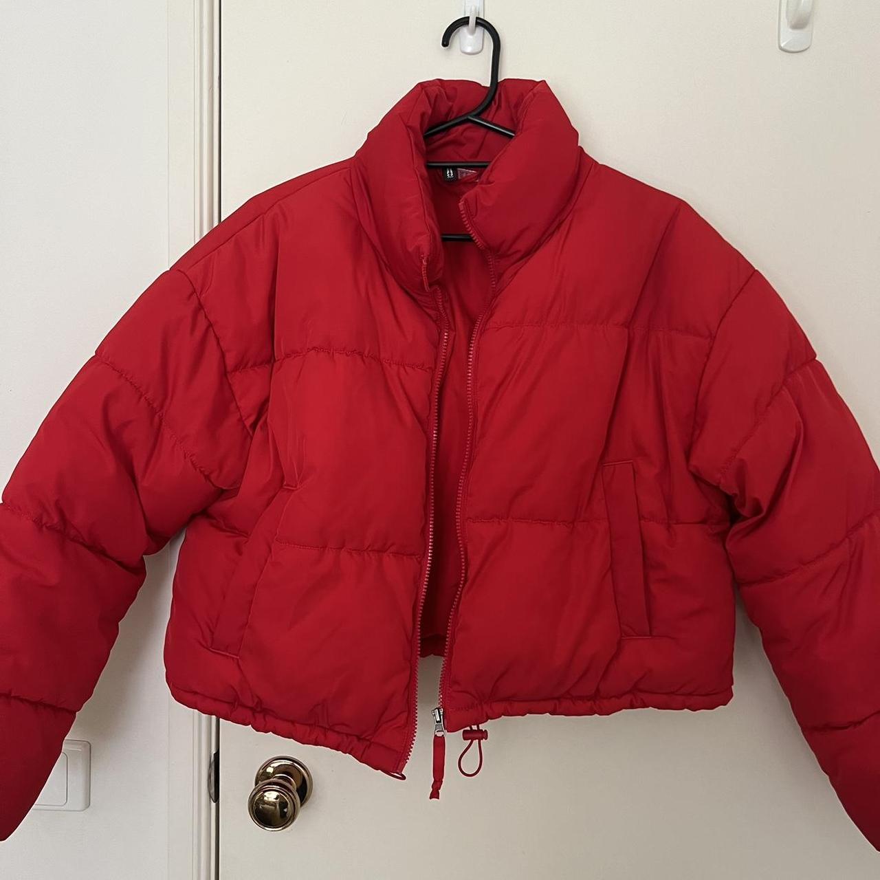 Red cropped puffer jacket from H&M, perfect for... | Depop