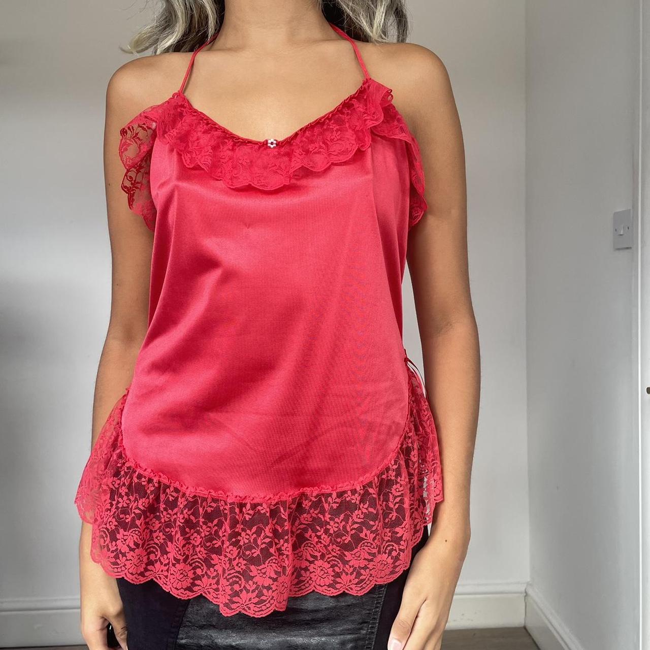 vintage red lace cami top lil pearl detailing &... | Depop
