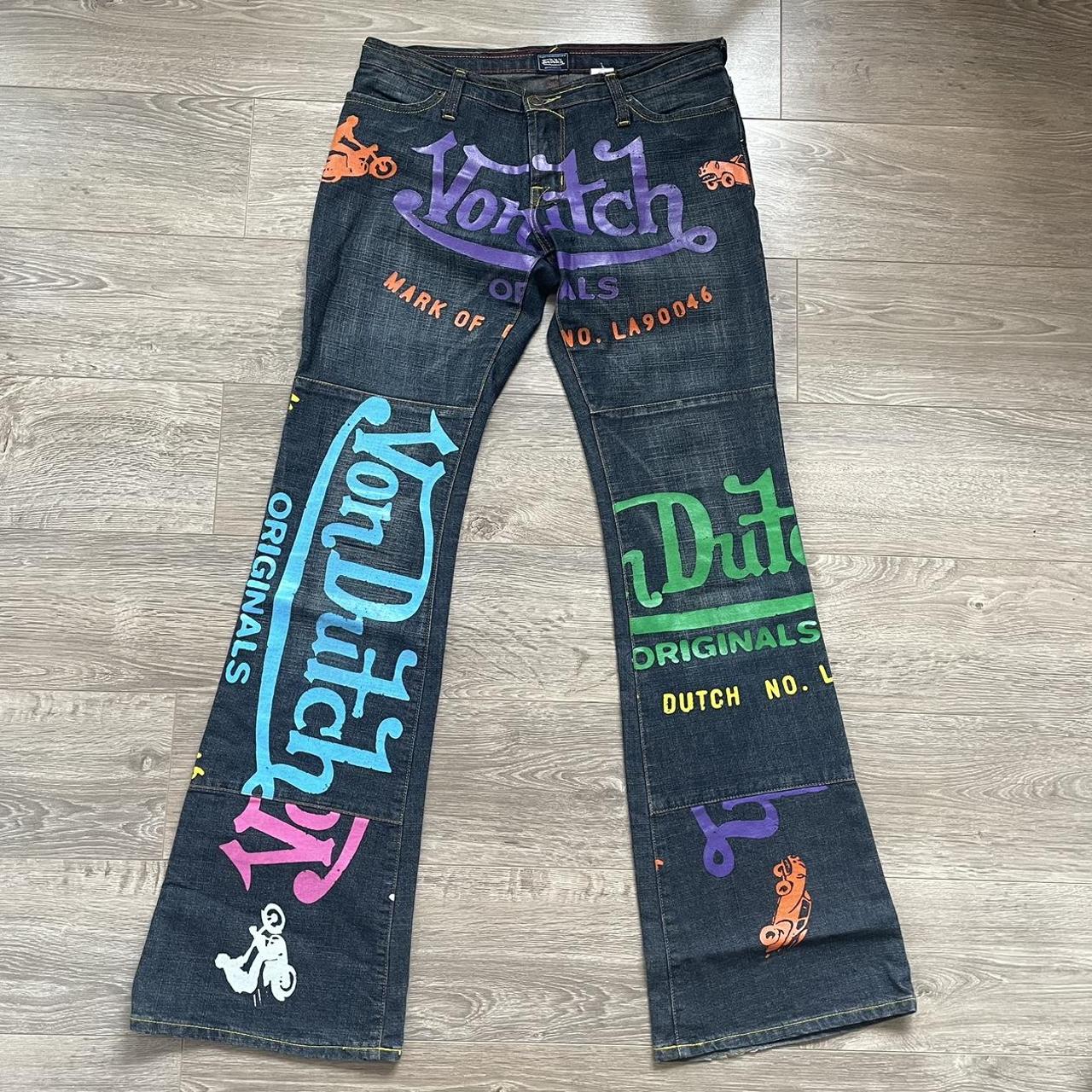 y2k von dutch colourful denim jeans monogram print... | Depop