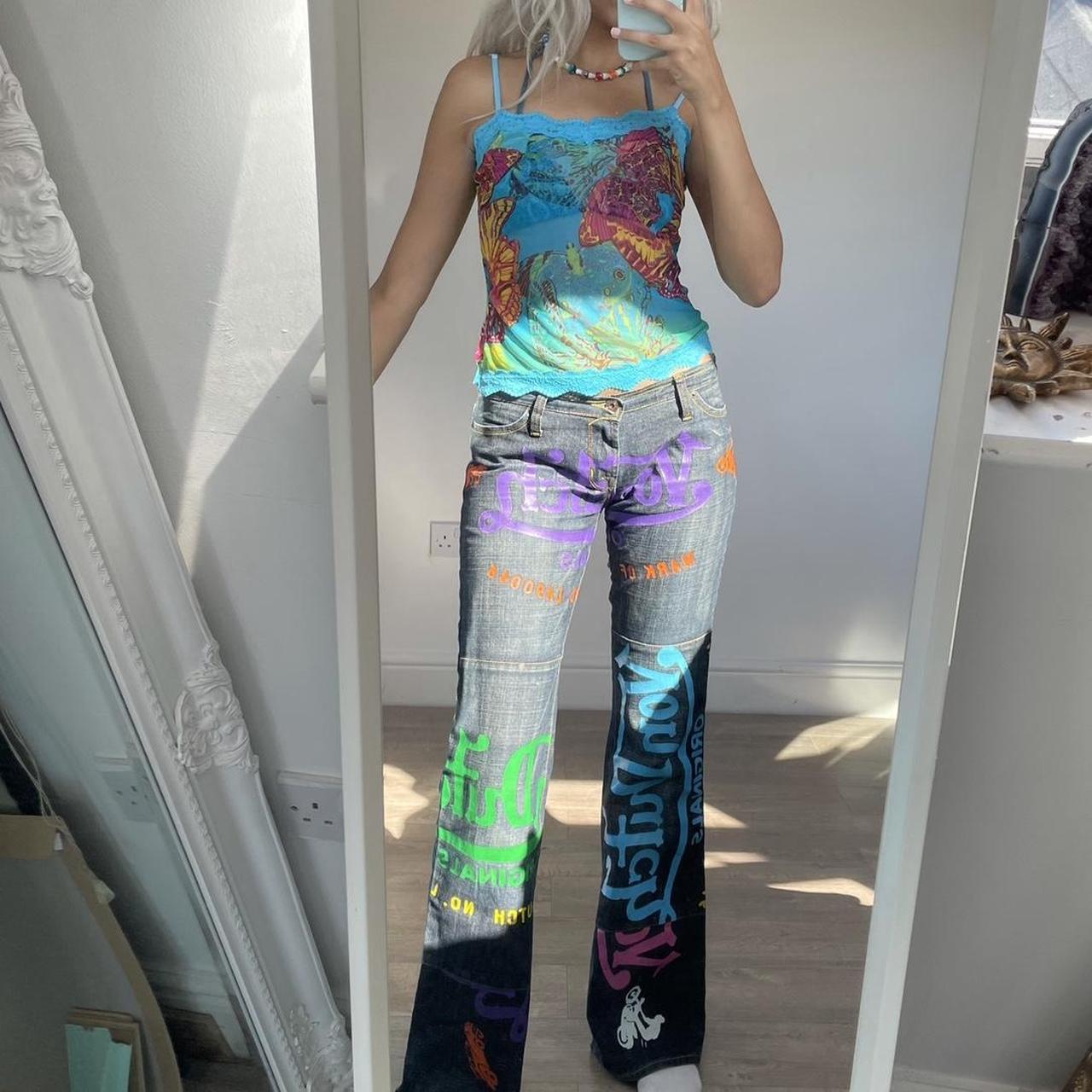 y2k von dutch colourful denim jeans monogram print... - Depop