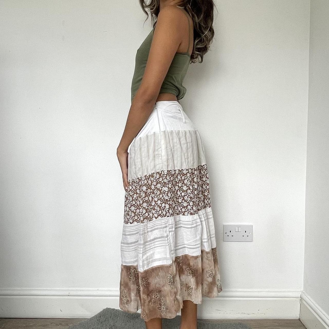 y2k boho white tiered patchwork maxi skirt mesh... - Depop