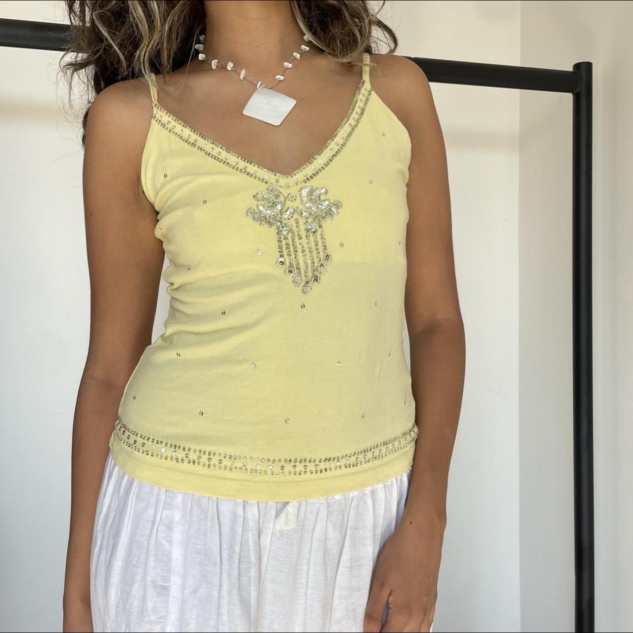 y2k sequin beaded yellow cami top festival fairy... - Depop