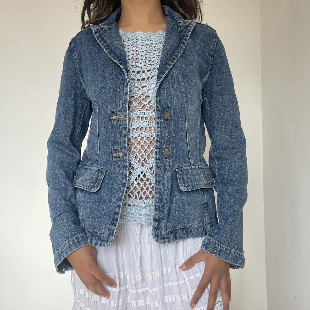 y2k denim blazer jacket gorgeous cropped blue... - Depop