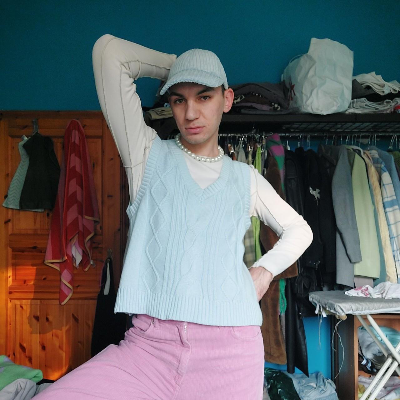 knitted vest in a perfect baby blue colour light... - Depop