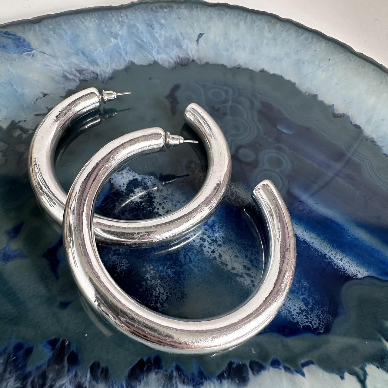 Chunky silver hoop style earrings - Depop