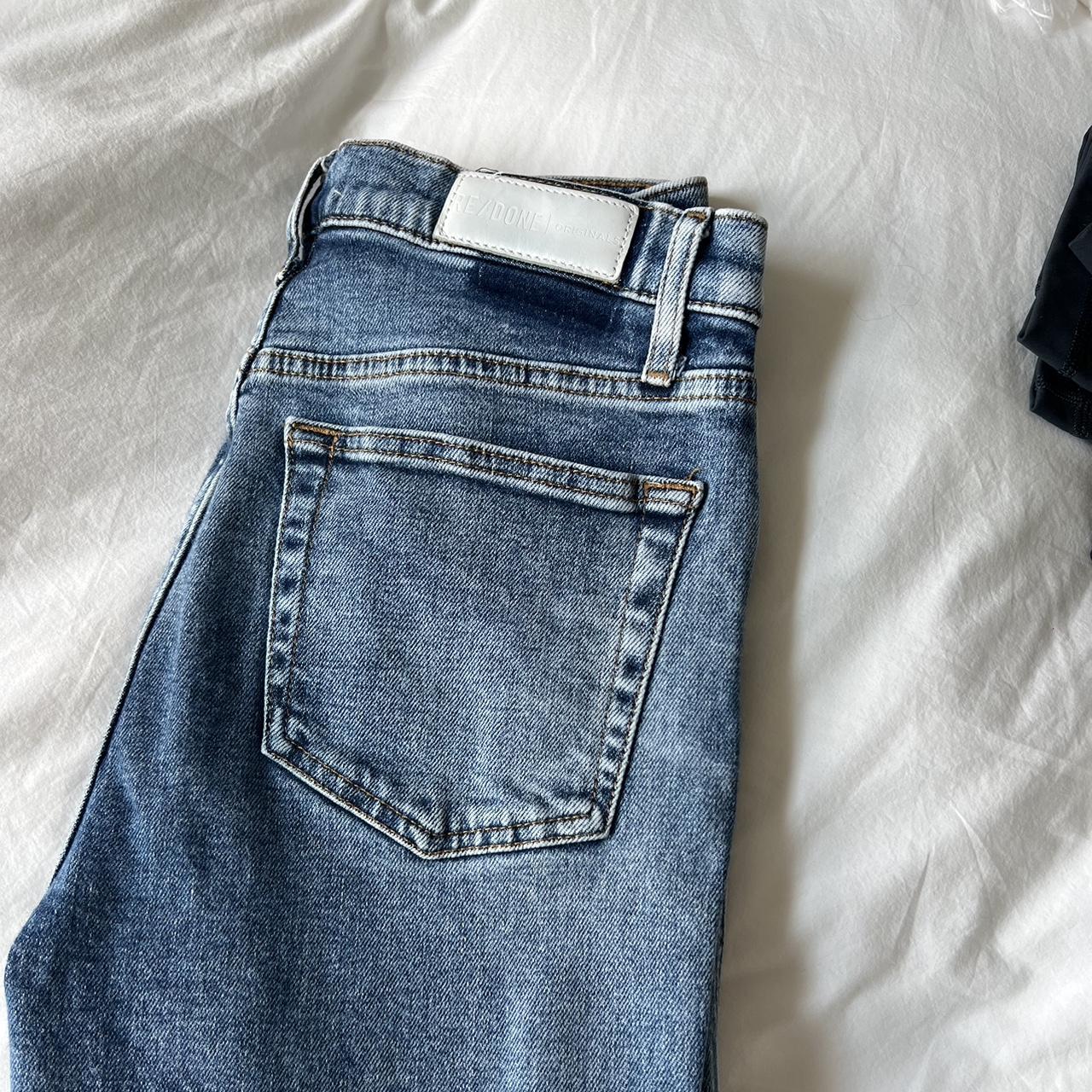 redone mid rise straight leg blue jeans size 28... - Depop