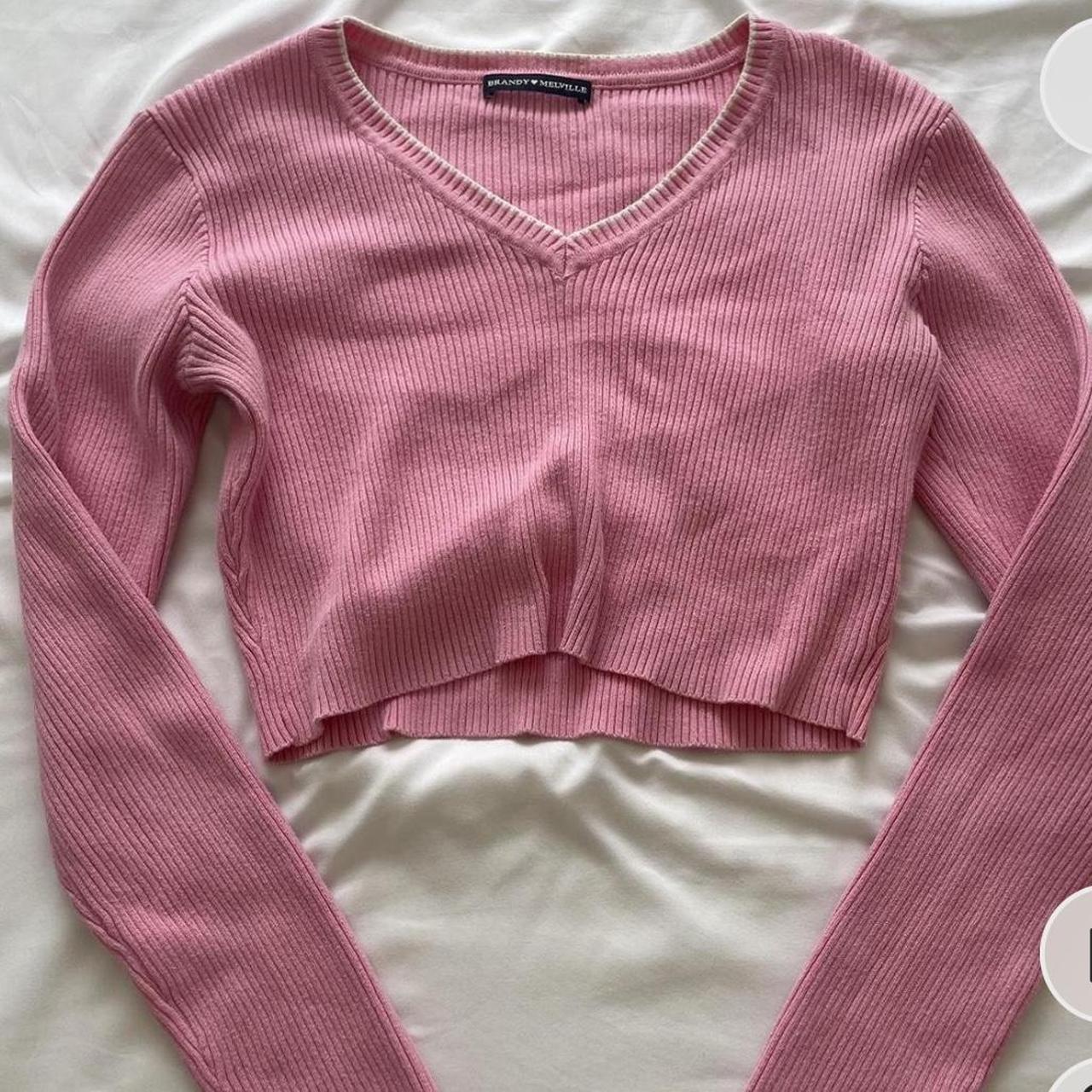 🎀Brandy Melville Pink Cropped Long sleeve🎀 -ribbed... - Depop
