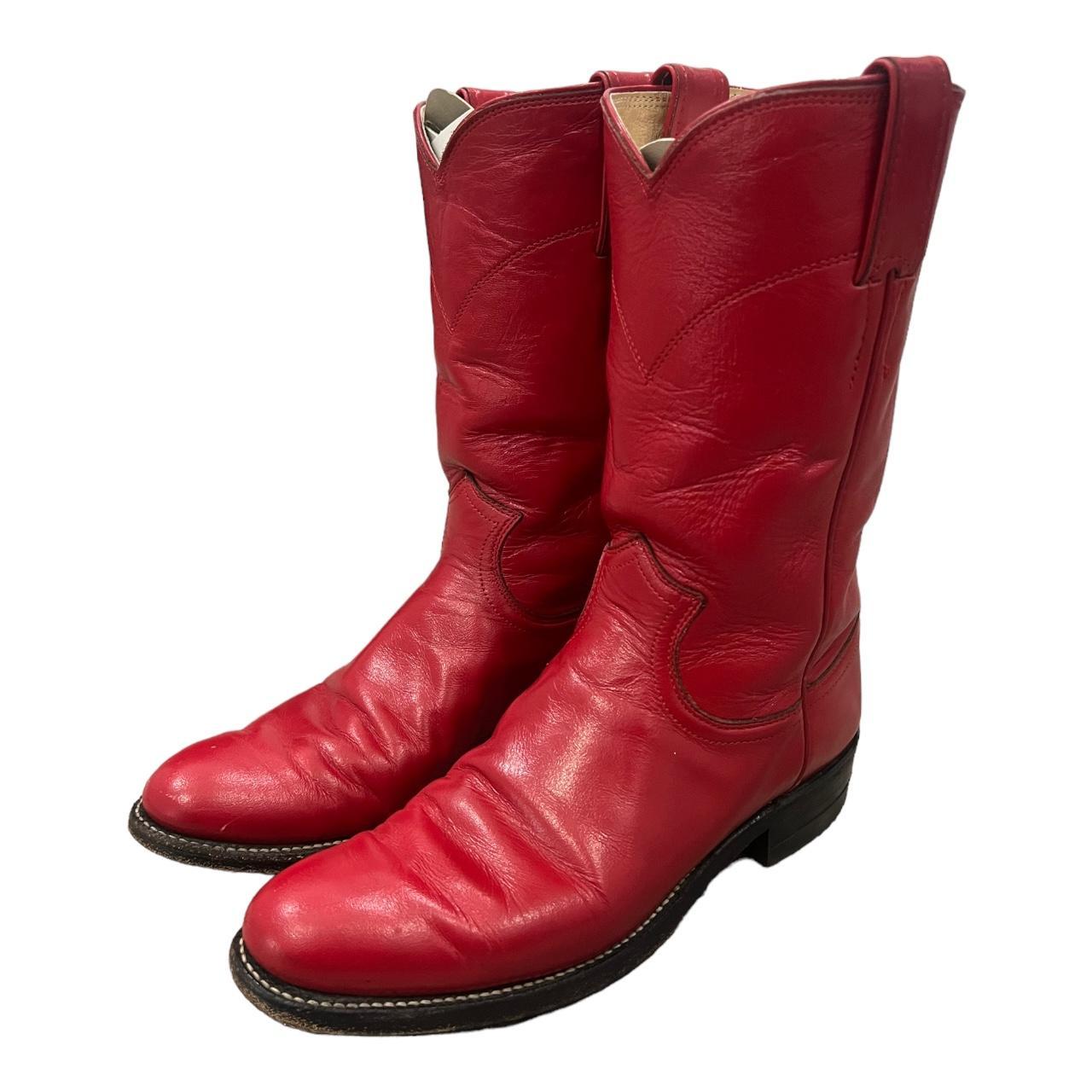 Vintage Justin Red Leather Roper Cowboy Boots Size:... - Depop