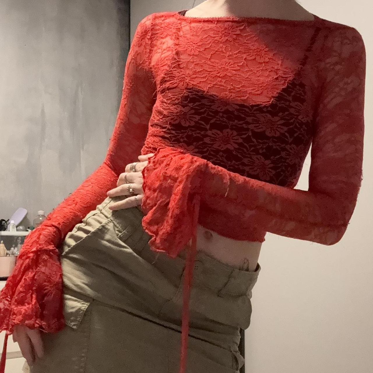 red lace bell sleeve mesh crop top with satin bow... | Depop