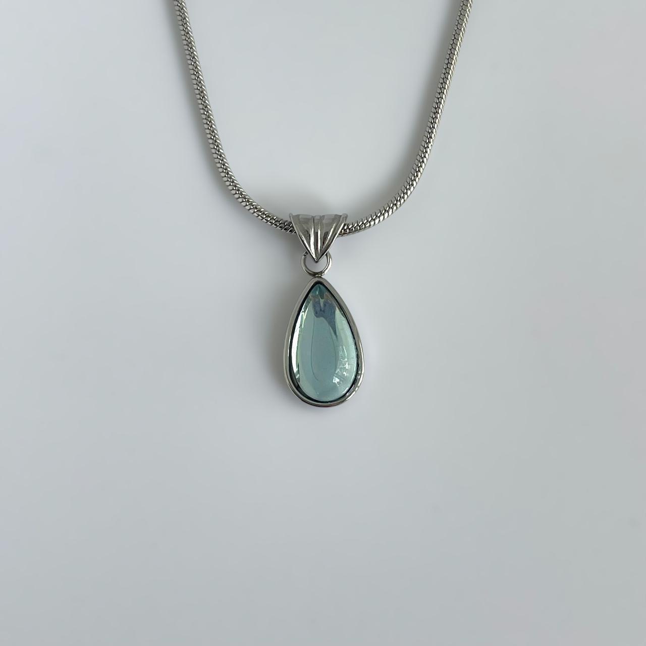silver blue water drop pendant necklace stainless... | Depop