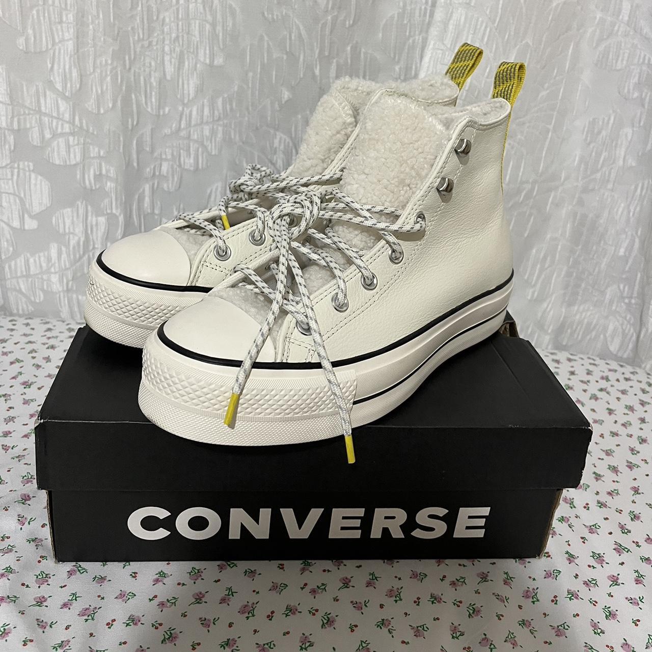 White leather Converse with fluffy tongue . Brand... - Depop