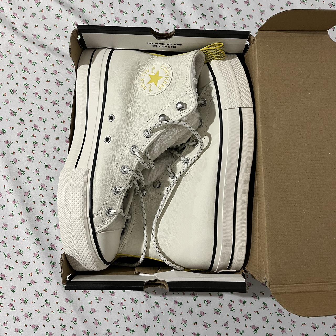 White leather Converse with fluffy tongue . Brand... - Depop
